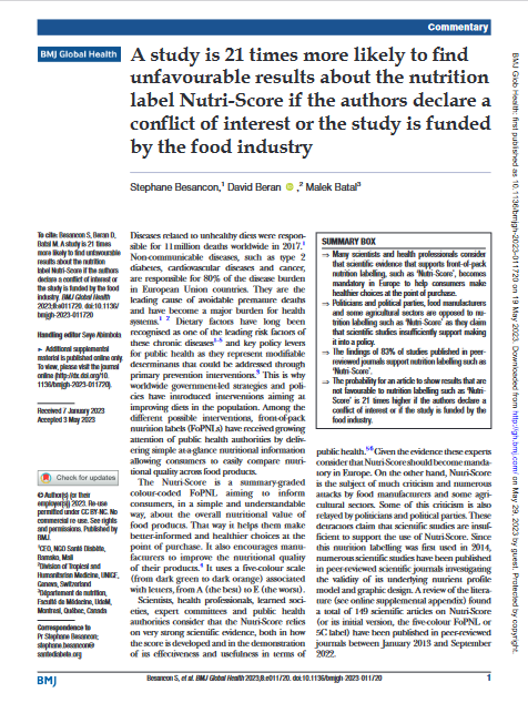 A study is 21 times more likely to find unfavourable results about the nutrition label Nutri ...